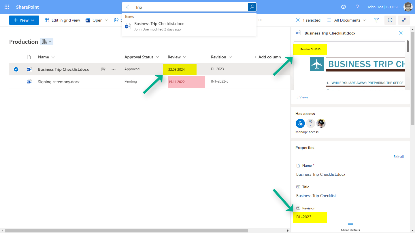 Revision tags on QM documents using Word and SharePoint