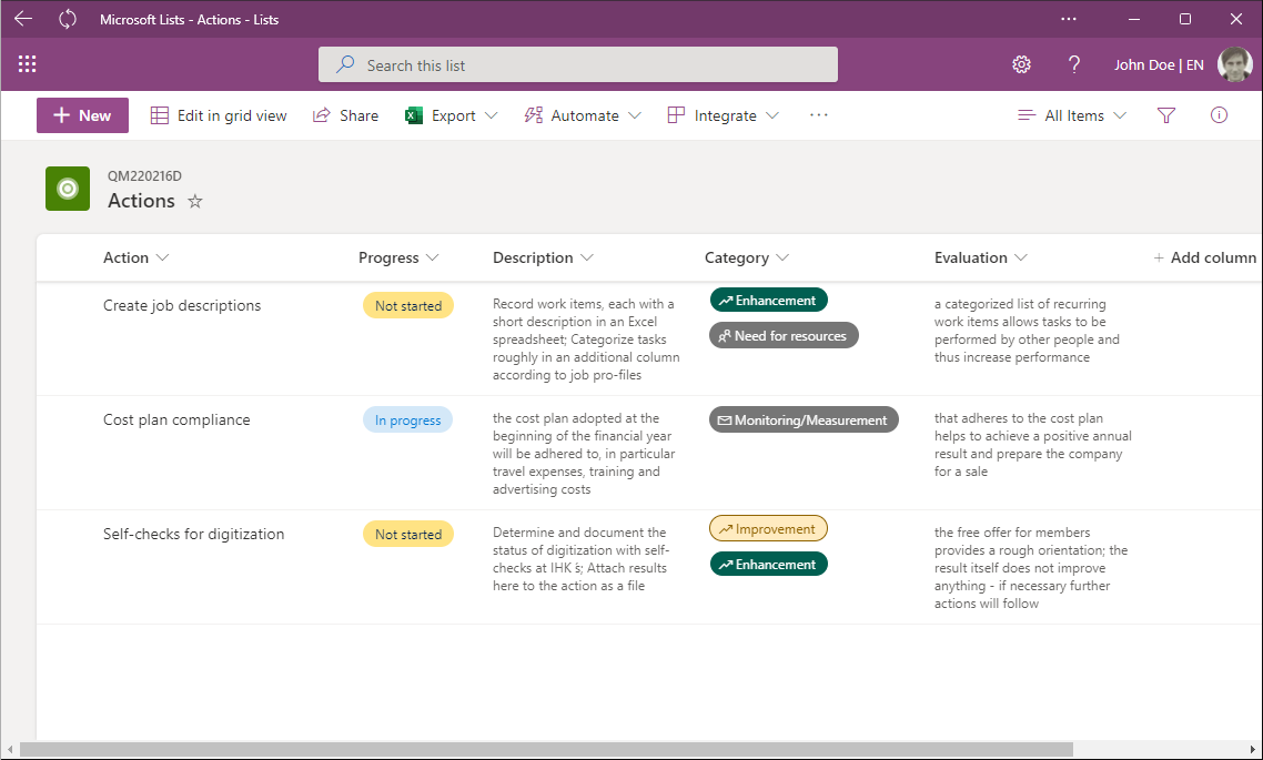CAPA Planning with Lists App in Microsoft 365